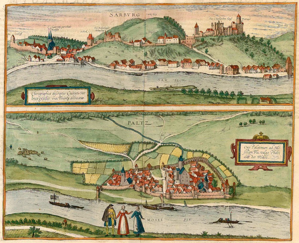 Old, antique map of Saarburg - Pfalzel by Braun & Hogenberg | Sanderus ...