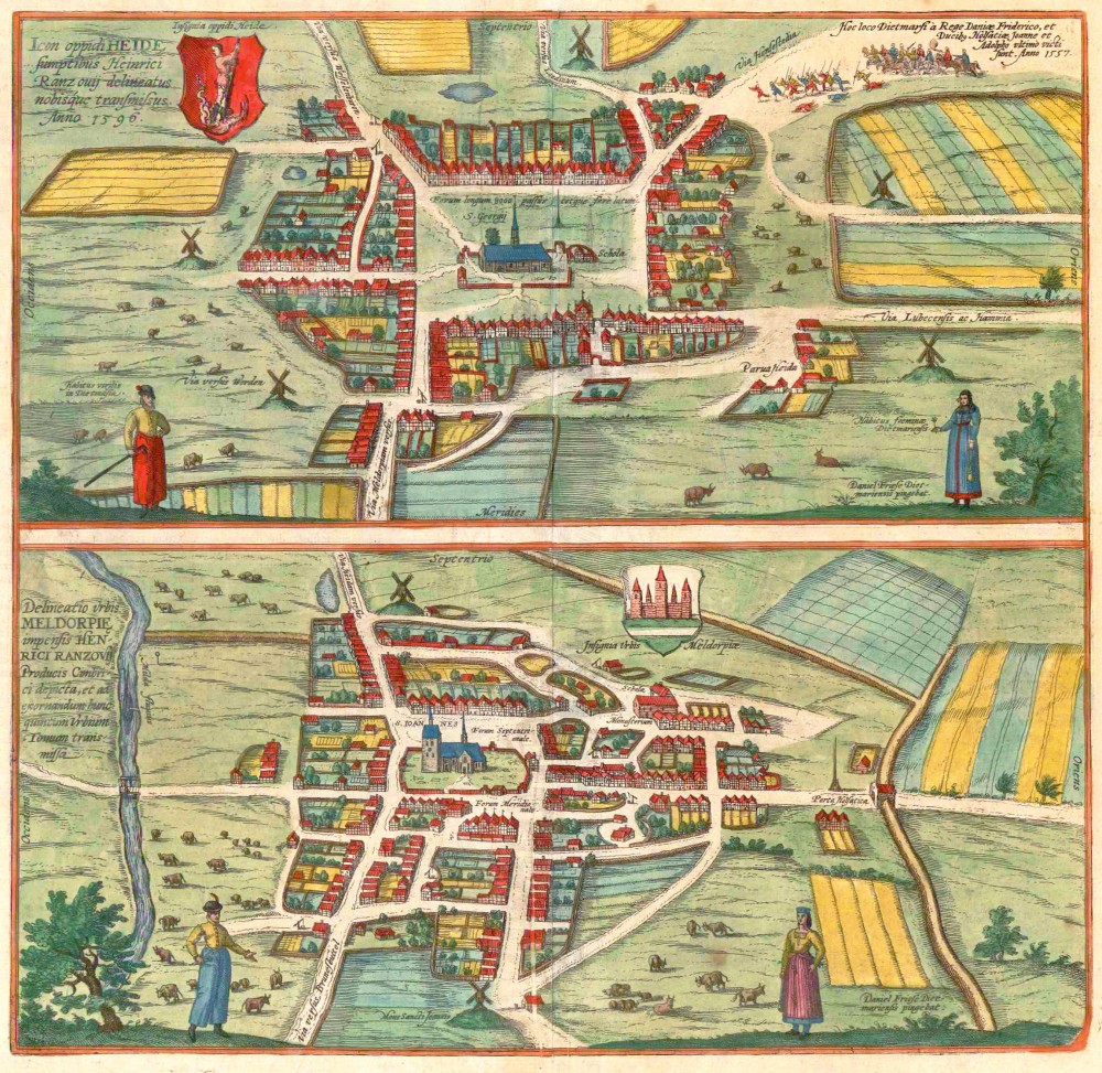 Old, antique map of Heide - Meldorf by Braun & Hogenberg | Sanderus basis