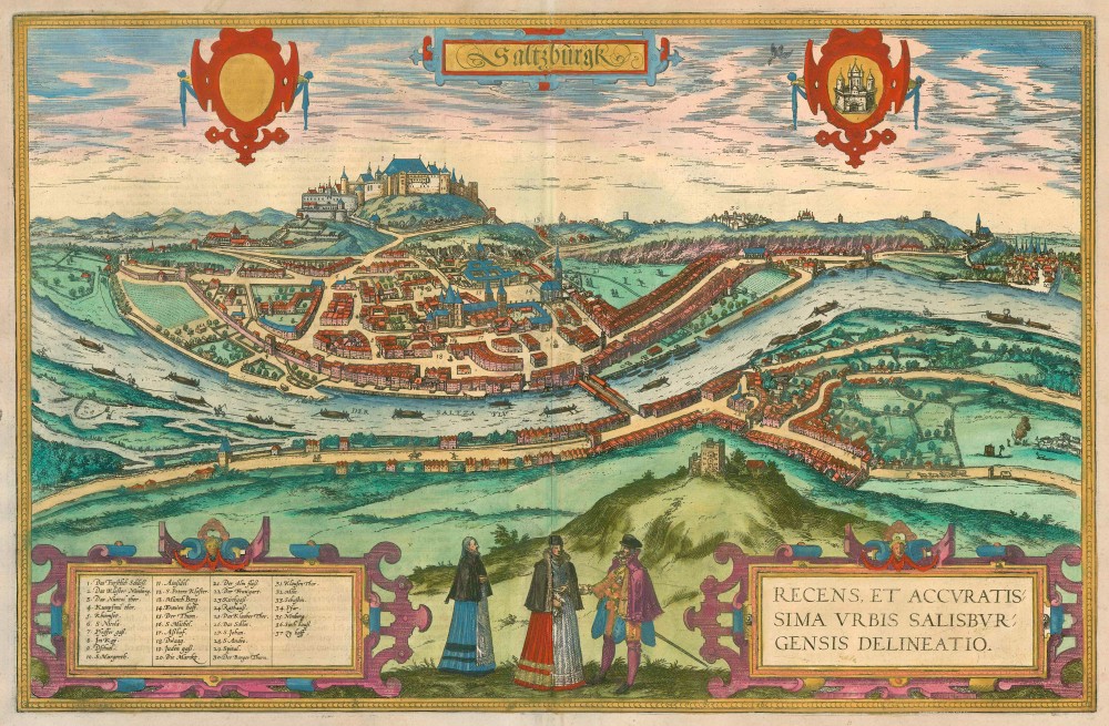 Antique map - view of Salzburg by Braun and Hogenberg | Sanderus basis
