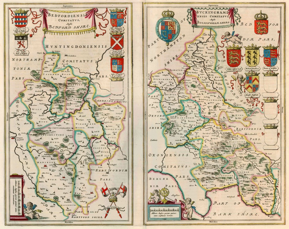Old, antique map of Bedford and Buckinghamshire by Blaeu J. | Sanderus ...