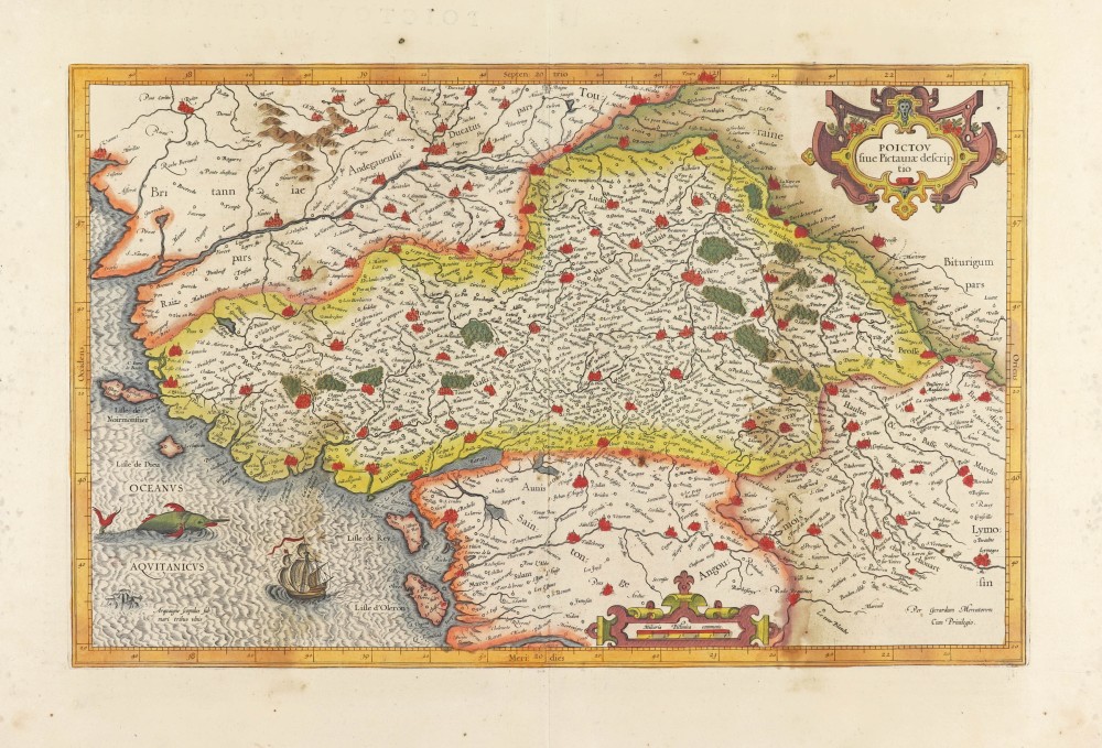Old, antique map of Poitou by G. Mercator | Sanderus Antique Maps ...