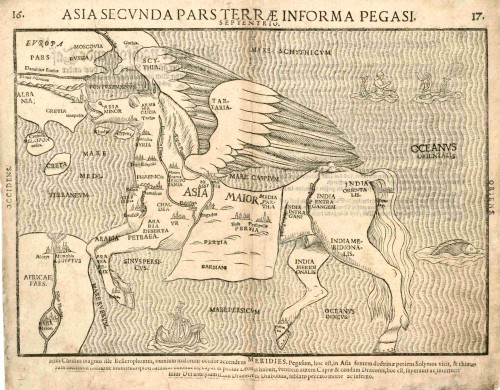 Old, antique map of Asia as Pegasus by H. Bünting | Sanderus Antique ...