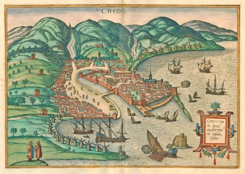 Antique map - Bird's-eye view of Chios by Braun and Hogenberg ...
