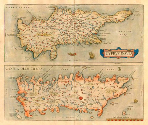 Antique map by A. Ortelius - two maps on one sheet: Cyprus and Crete ...