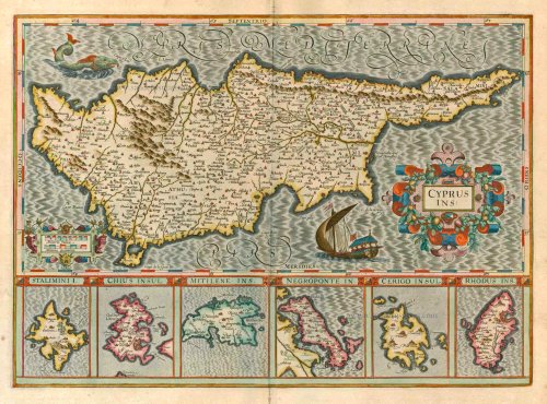 Old, antique map of Cyprus by J. Hondius, with below six inset maps of ...