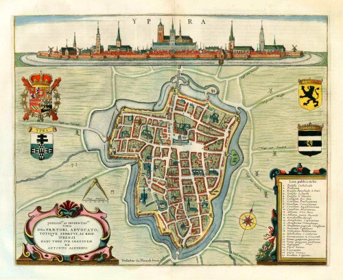 Old antique plan of Ieper by J. Blaeu, oriented to the Northwest ...