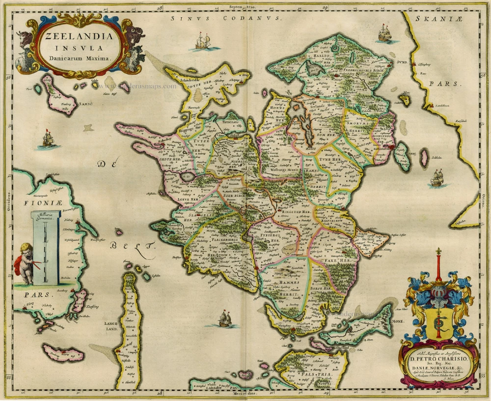 Antique map of Sjaelland by J. Blaeu | Sanderus Antique Maps - Antique ...