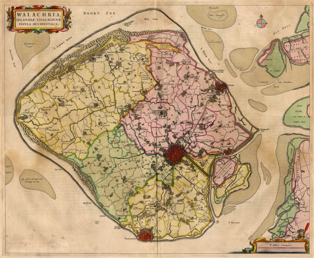 Antique map of Walcheren by Blaeu J. | Sanderus Antique Maps - Antique ...