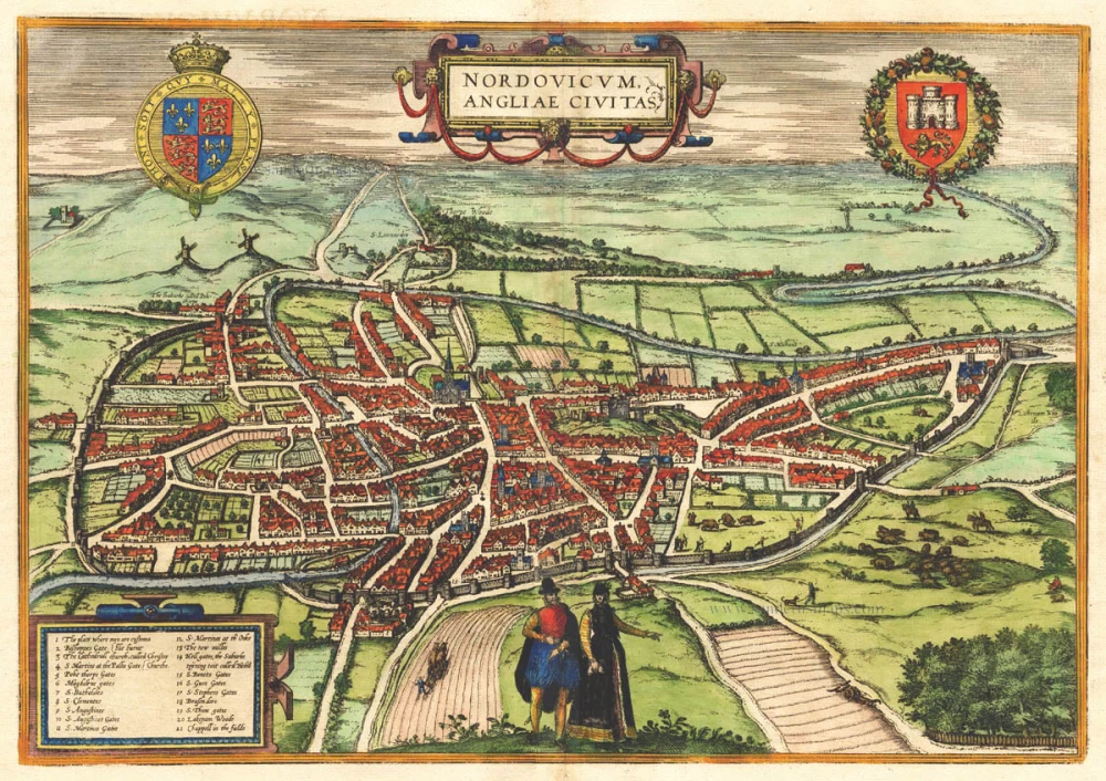 Old, antique map of Norwich by Braun & Hogenberg | Sanderus Antique ...
