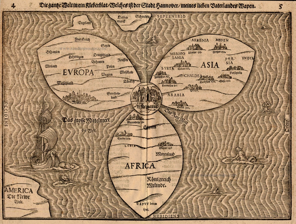 Antique map of World as a clover leaf by Bünting H. | Sanderus Antique ...