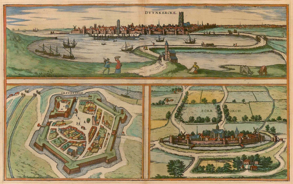 Antique map of Dunkerque - Gravelines - Bourbourg by Braun & Hogenberg ...