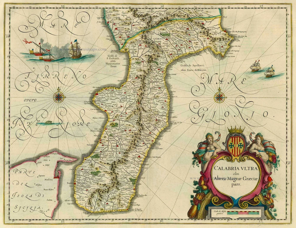 Antique map of Calabria Ultra by J. Blaeu | Sanderus Antique Maps ...