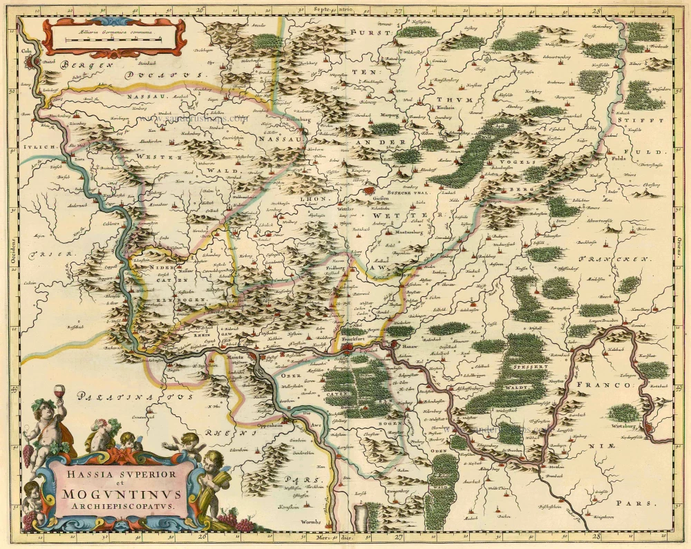 Antique map of Oberhessen and Mainz by J. Blaeu | Sanderus Antique Maps ...