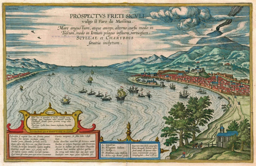 Antique map - bird's-eye view of the Strait of Messina by Braun ...