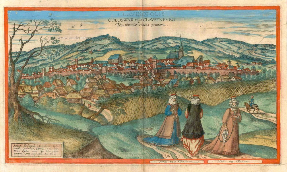 Antique map - Bird's-eye view of Cluj-Napoca in Romania by Braun and ...