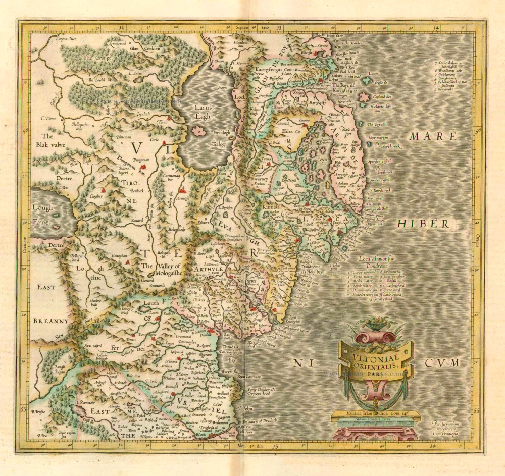 Old, antique map of Ireland - East Ulster by Mercator G. - Hondius H ...