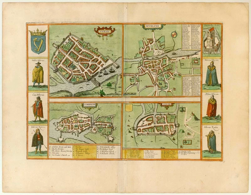 Antique map of (Ireland) Galway - Dublin - Limerick - Cork by Braun ...