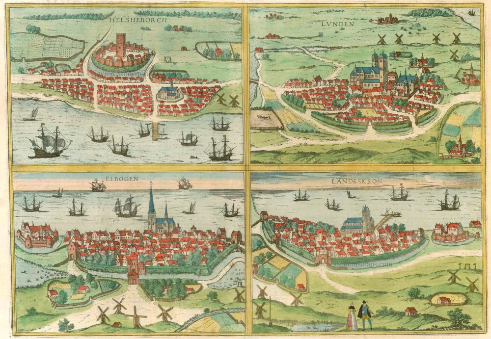 Antique map of Sweden - Helsingborg, Lund, Malmo, Landskrona by Braun ...