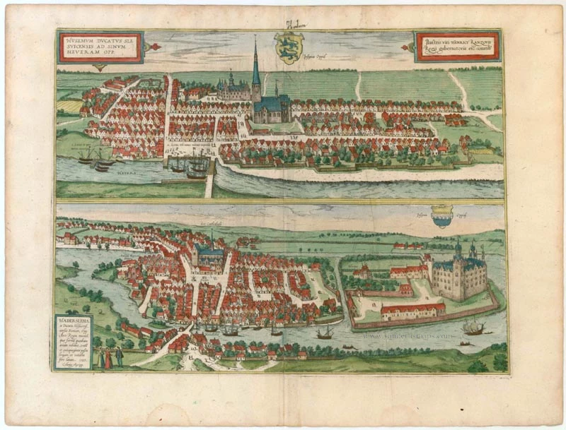 Antique map with two bird's-eye views by Braun and Hogenberg: Husum and ...