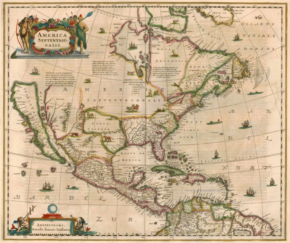 Old, antique map of North America by J. Janssonius | Sanderus Antique ...