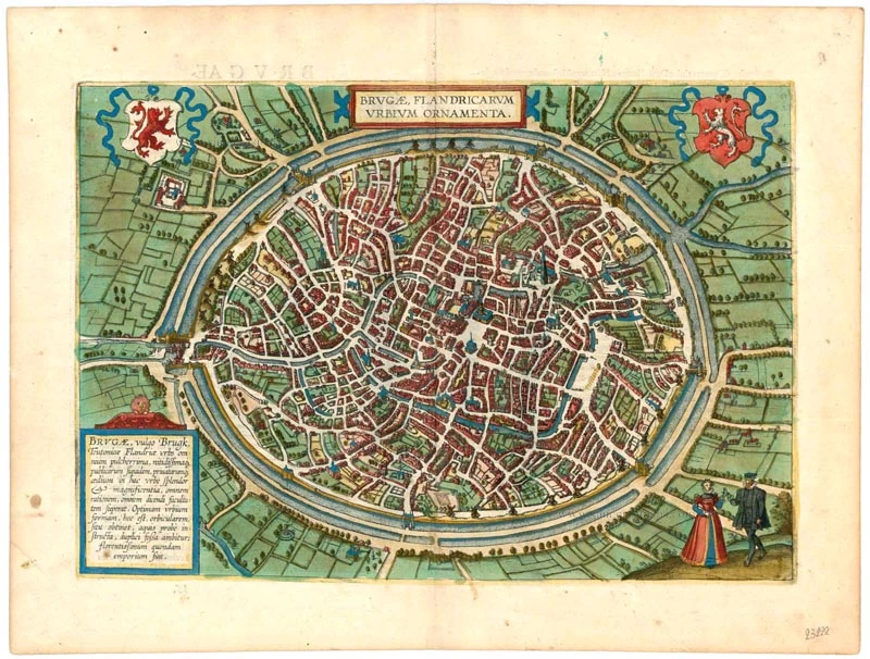 Antique map - Bird's-eye plan of Brugge (Bruges) by Braun and Hogenberg ...