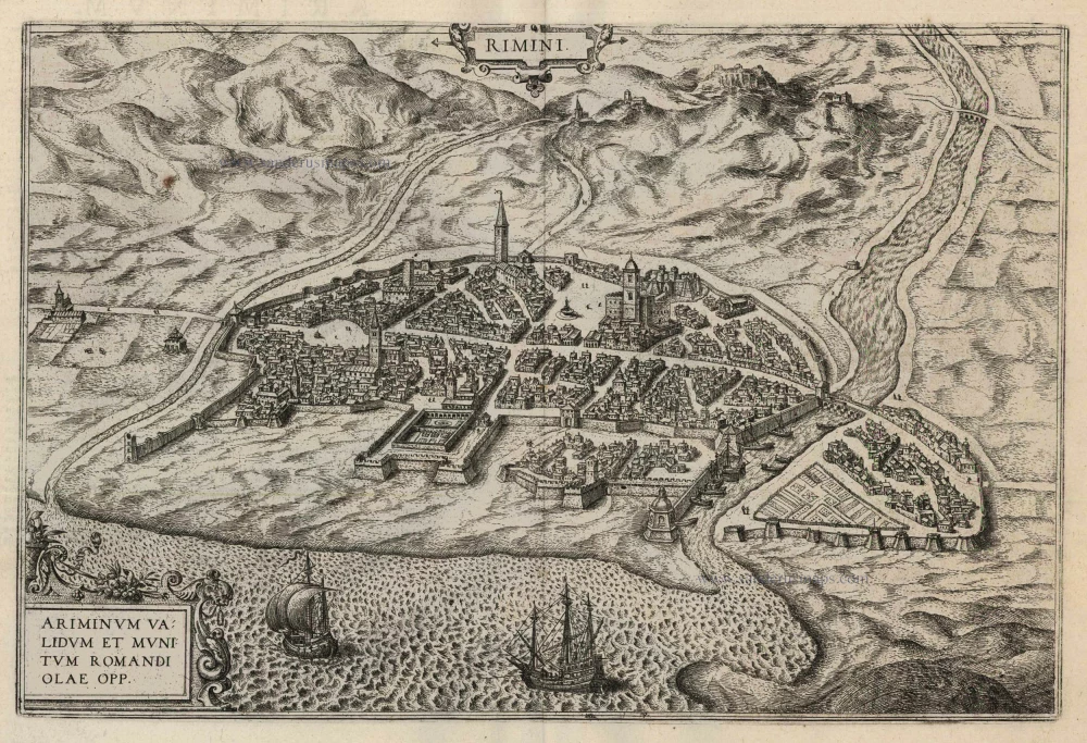 Antique map - bird's-eye view of Rimini by Braun and Hogenberg ...