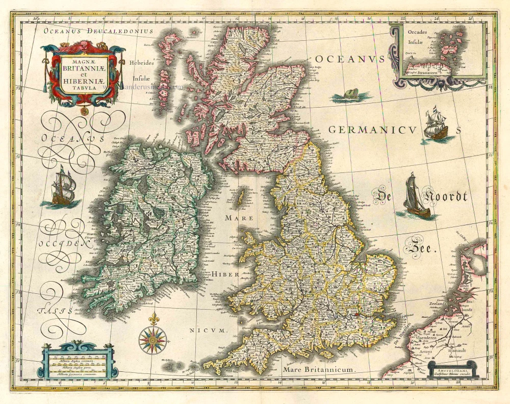 Old, antique map of the British Isles by J. Blaeu. | Sanderus Antique ...