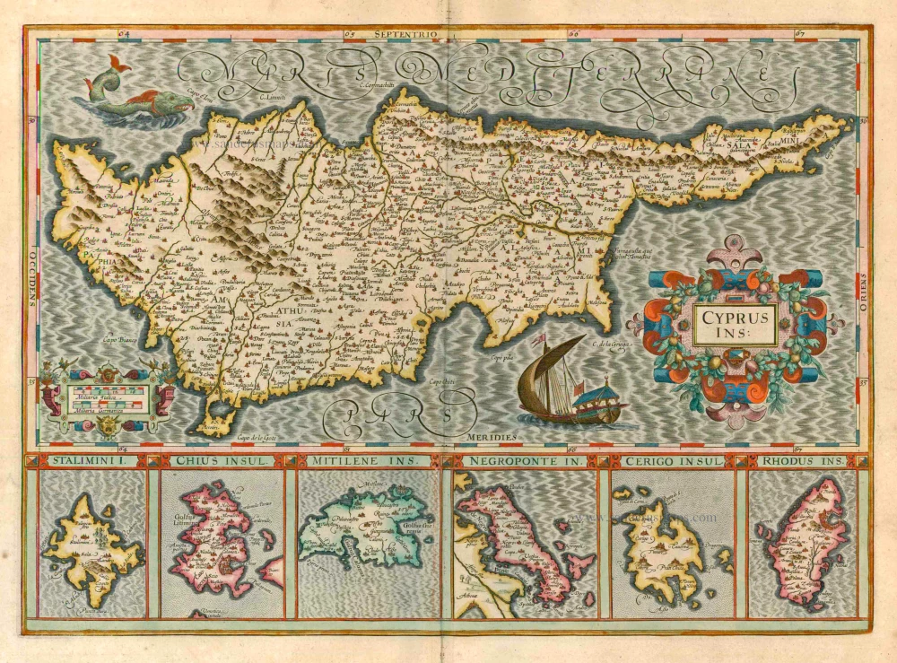 Old, antique map of Cyprus by J. Hondius, with below six inset maps of ...