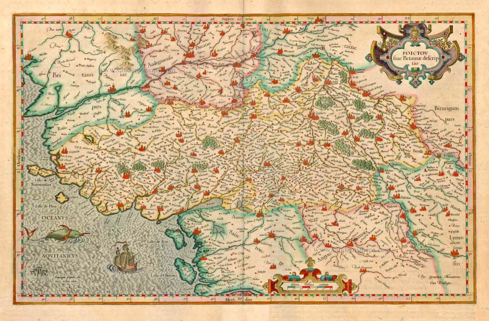 Old, antique map of Poitou by G. Mercator | Sanderus Antique Maps ...