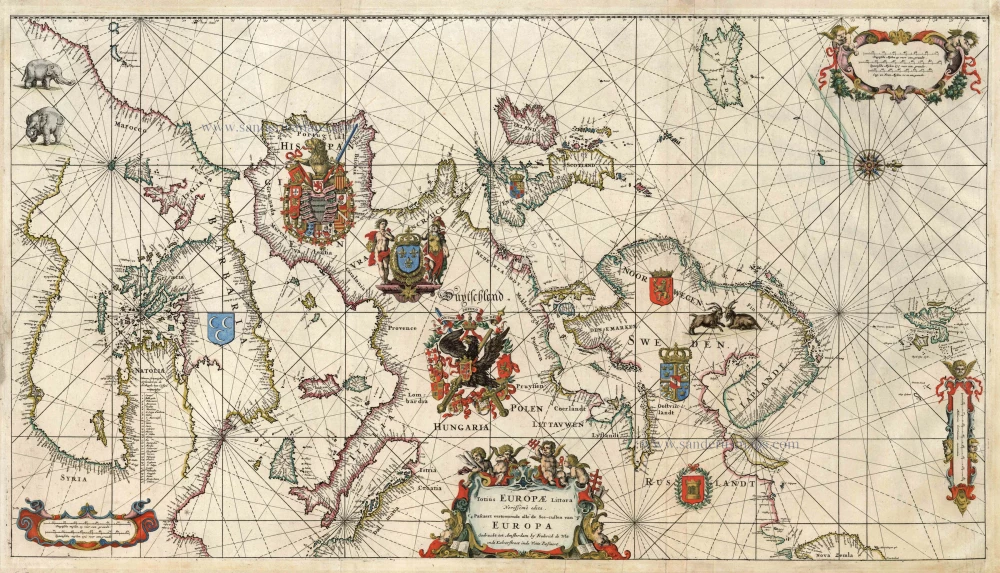 Old, antique sea chart of Europe by F. de Wit. | Sanderus Antique Maps ...