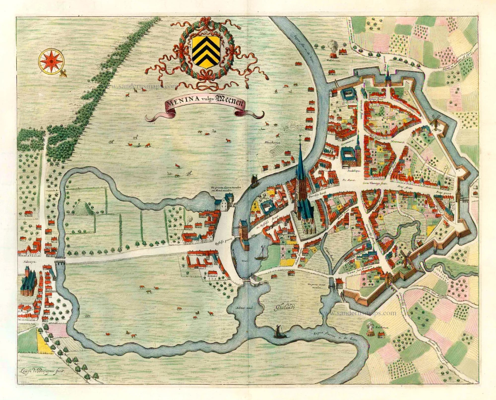 Old antique plan of Menen by J. Blaeu oriented to the West | Sanderus ...