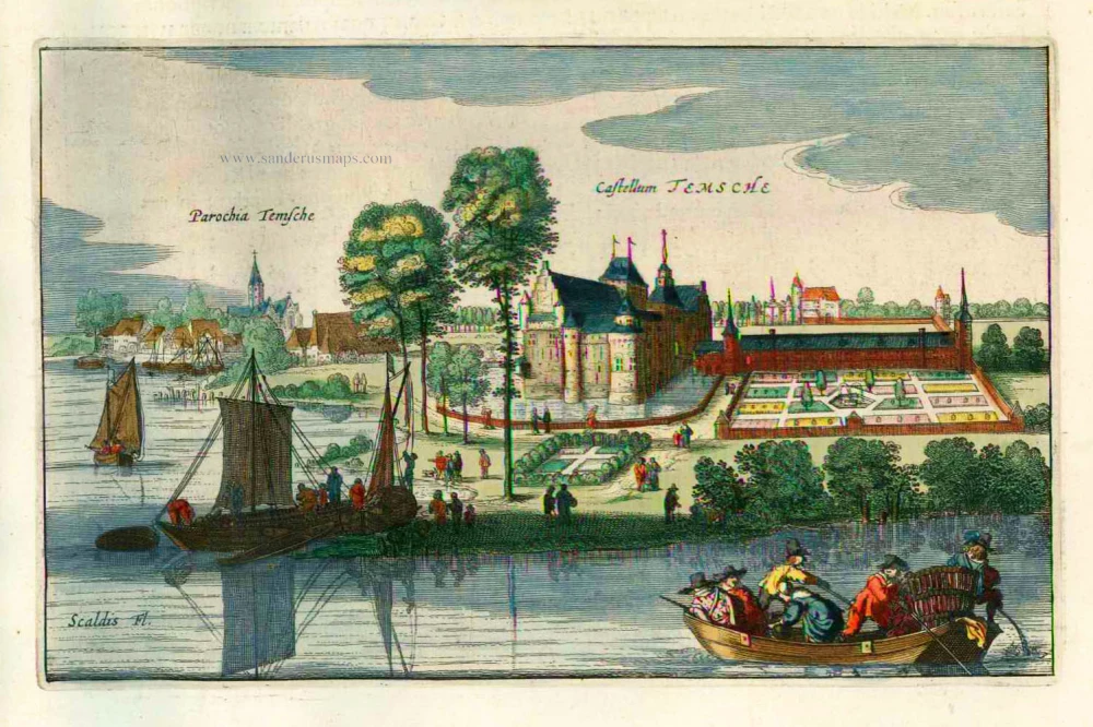 Old, antique view of the village and castle of Temse, by J. Blaeu ...