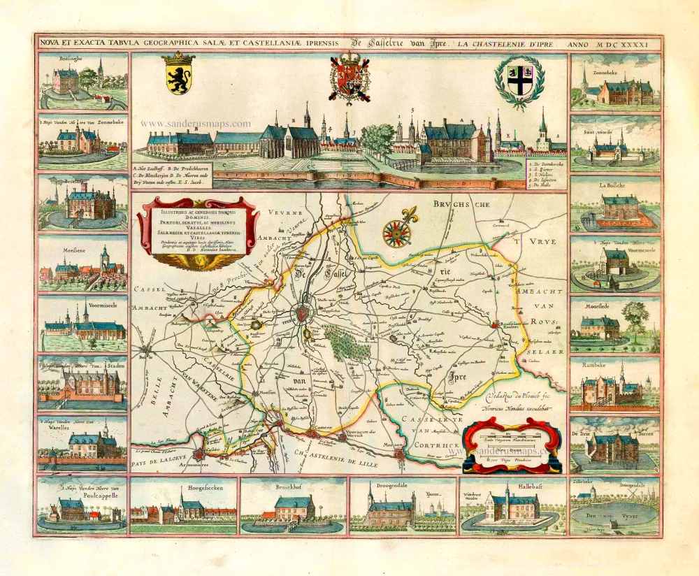 Old antique map of Ypres (Ieper - Castellania) by J. Blaeu, oriented to ...