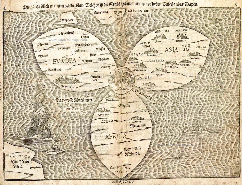 Old, antique map of the World as a clover leaf by H. Bünting ...