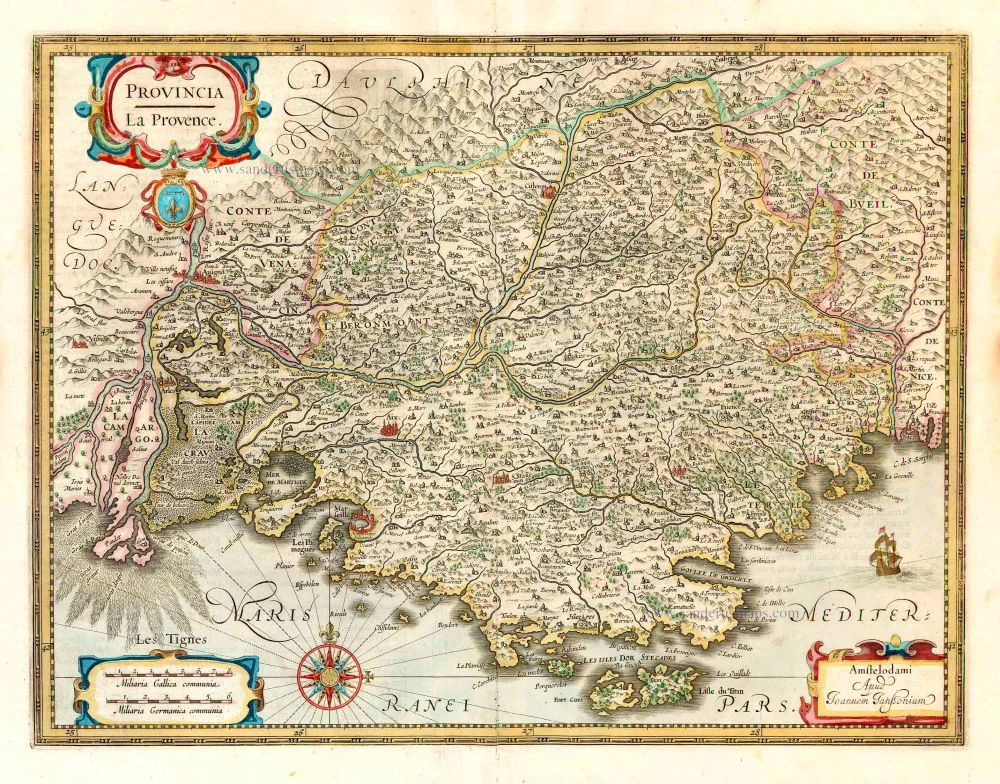 Old antique map of the Provence, by Johannes Janssonius. | Sanderus ...