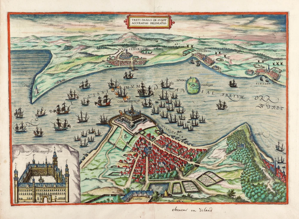 The Sound with Helsingborg, Landskrona and Elbogen, by Georg Braun and ...